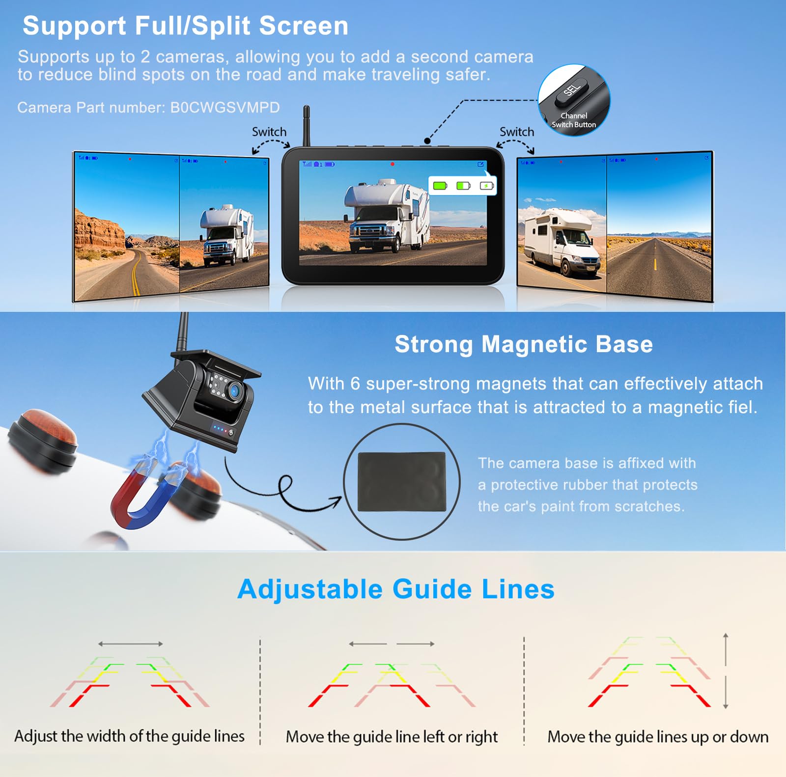 Magnetic Solar Wireless Backup Camera 1080P 7" DVR Monitor, Rechargeable RV Camera Wireless System for Hitch Towing Travel RV Camper 5th Wheel, Built-in 9600mAh Battery & Solar Panel -ZEROXCLUB BD701