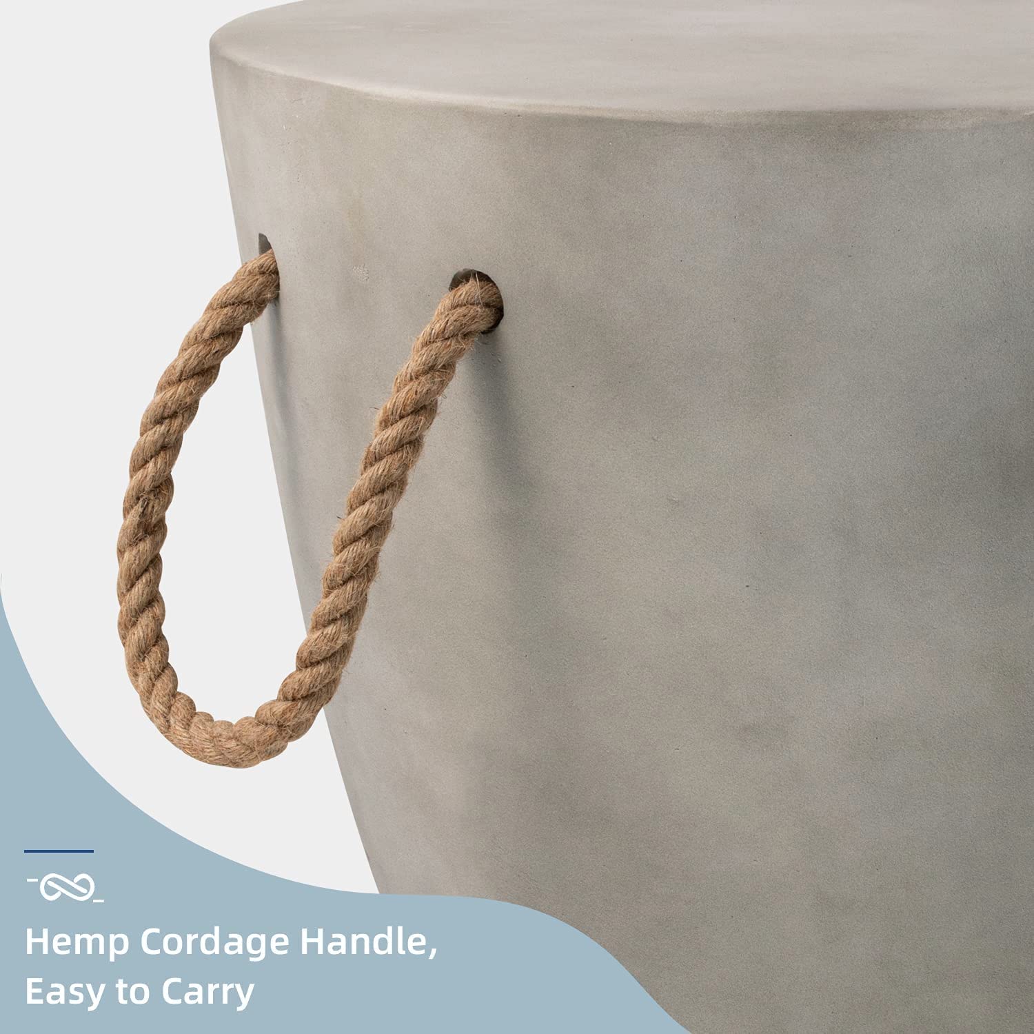 HOMPUS Concrete Outdoor Side Table Drum Accent Light Gray Modern End Table, Round Coffee Table with Rope Handle Garden Stool Decor for Garden, Indoor, Living Room