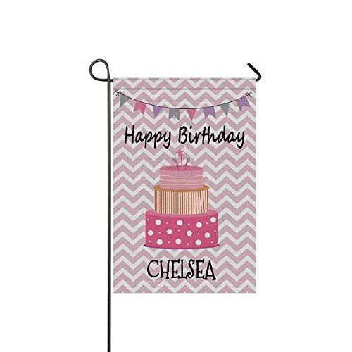FunStudio Personalized Happy Birthday Garden Flag for Outside, Cake Customized Last Name Farmhouse Yard Lawn Decoration 12x18 Inch Double Sided