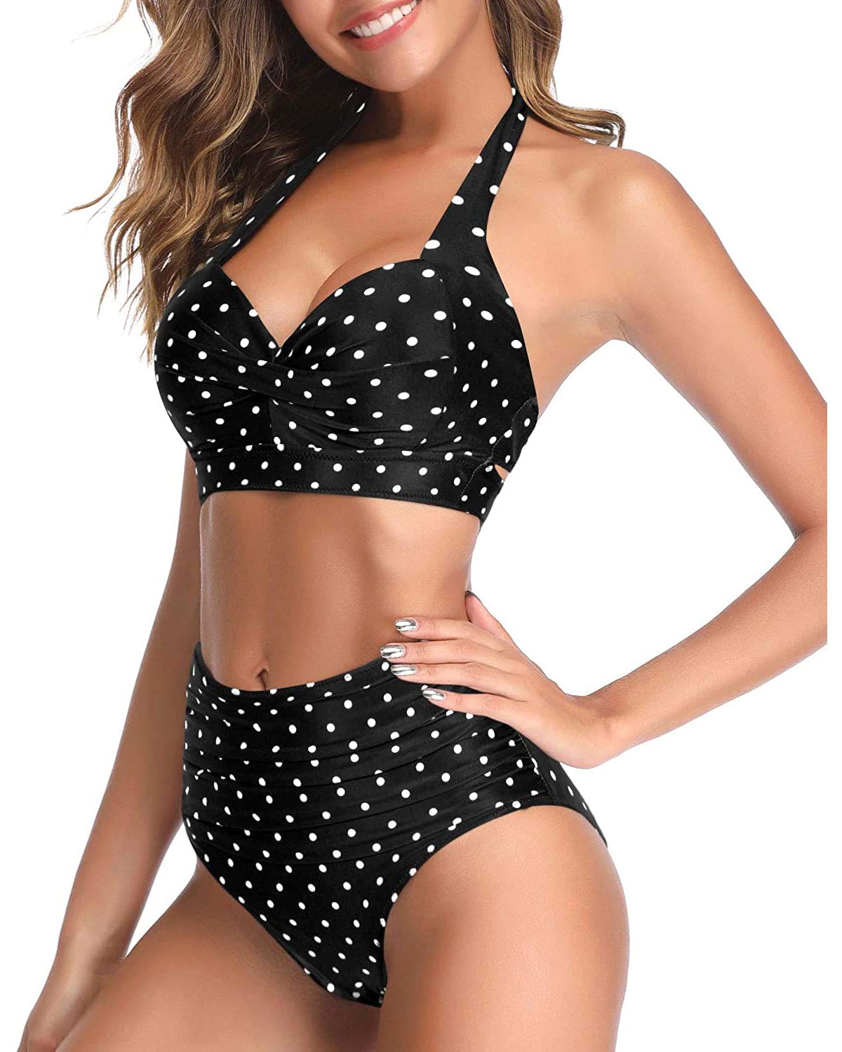 Tempt Me Women's Vintage Swimsuits Black Little Dot Retro Halter Ruched High Waist Bikini with Bottom S