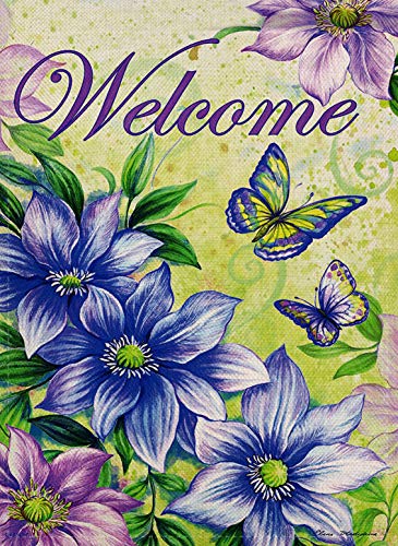 Selmad Spring Vintage Flower Garden Flag Double Sided, Welcome Quotes Purple Lily Butterfly Summer Yard Decoration, Burlap Seasonal Outdoor Décor Flag 12.5 x 18
