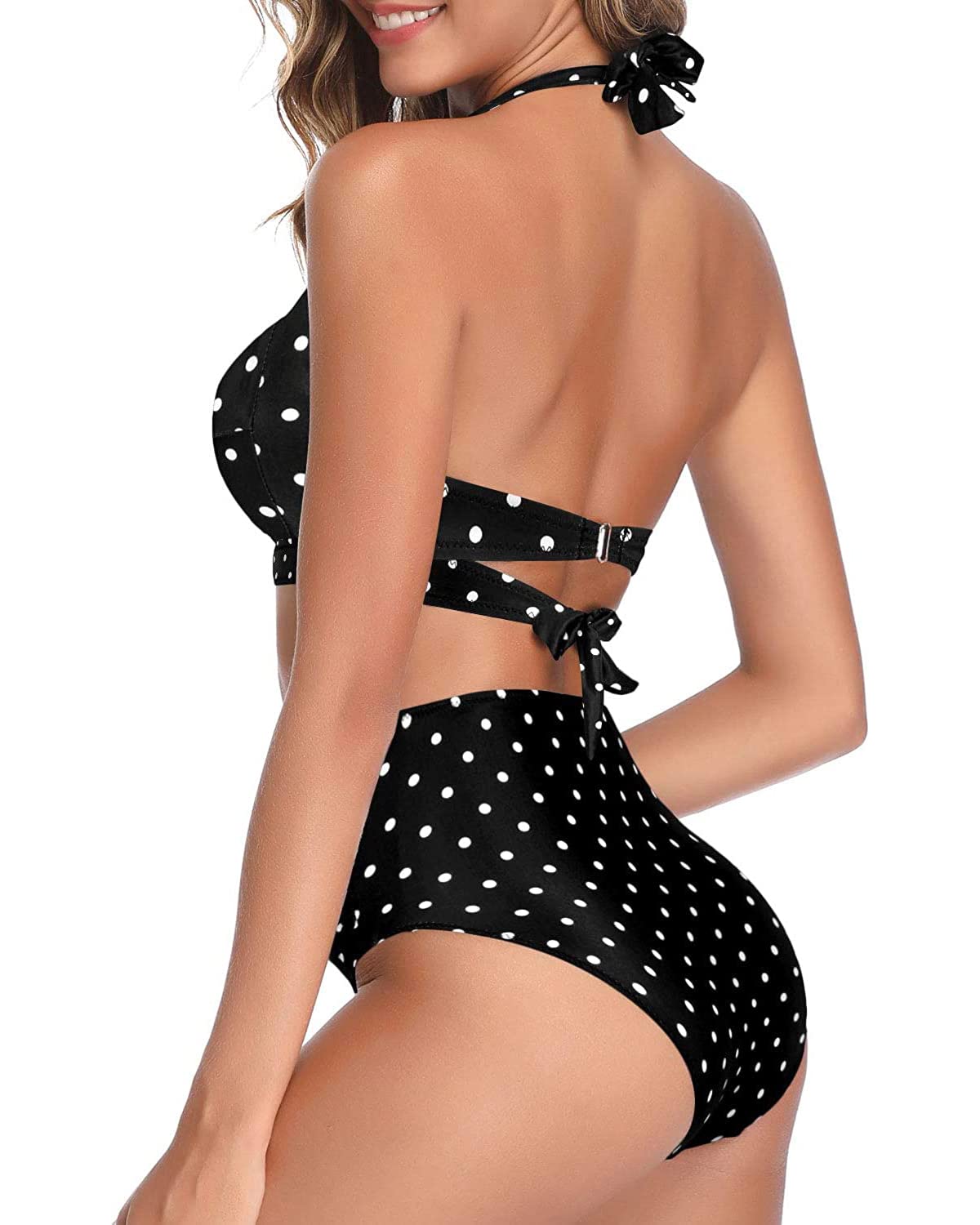 Tempt Me Women's Vintage Swimsuits Black Little Dot Retro Halter Ruched High Waist Bikini with Bottom S
