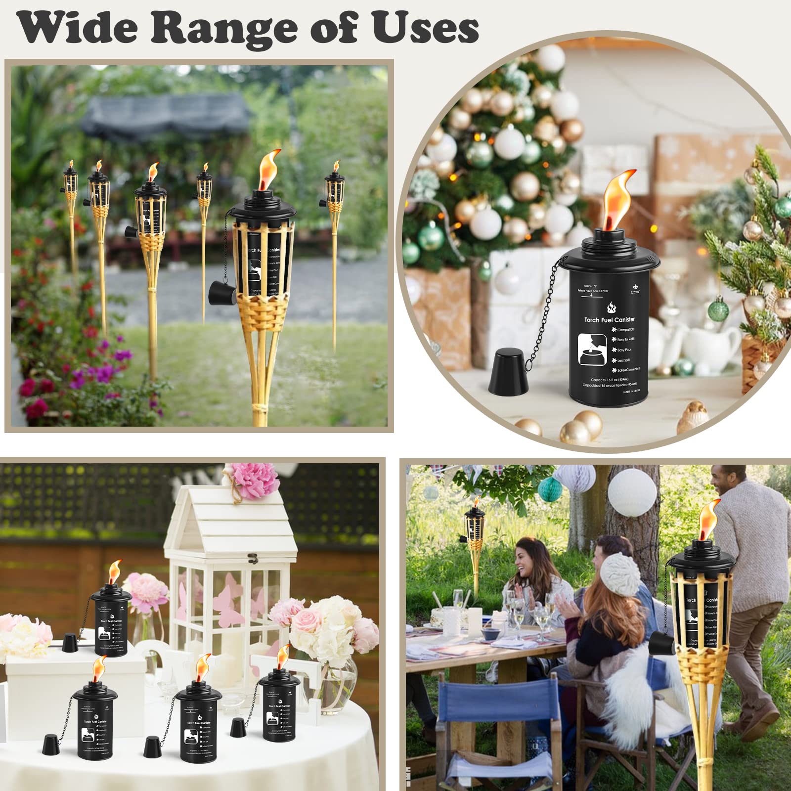ZSZMFH 16oz Torch Canisters, 6 Pack Bamboo Torch Refillable Replacement Canister, Outdoor Citronella Fuel Torch Canister with Wicks and Covers,for Luau Party, DIY Garden Decor.