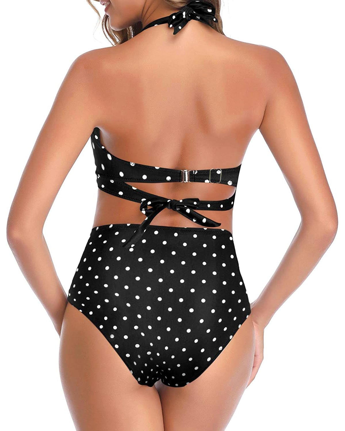 Tempt Me Women's Vintage Swimsuits Black Little Dot Retro Halter Ruched High Waist Bikini with Bottom S