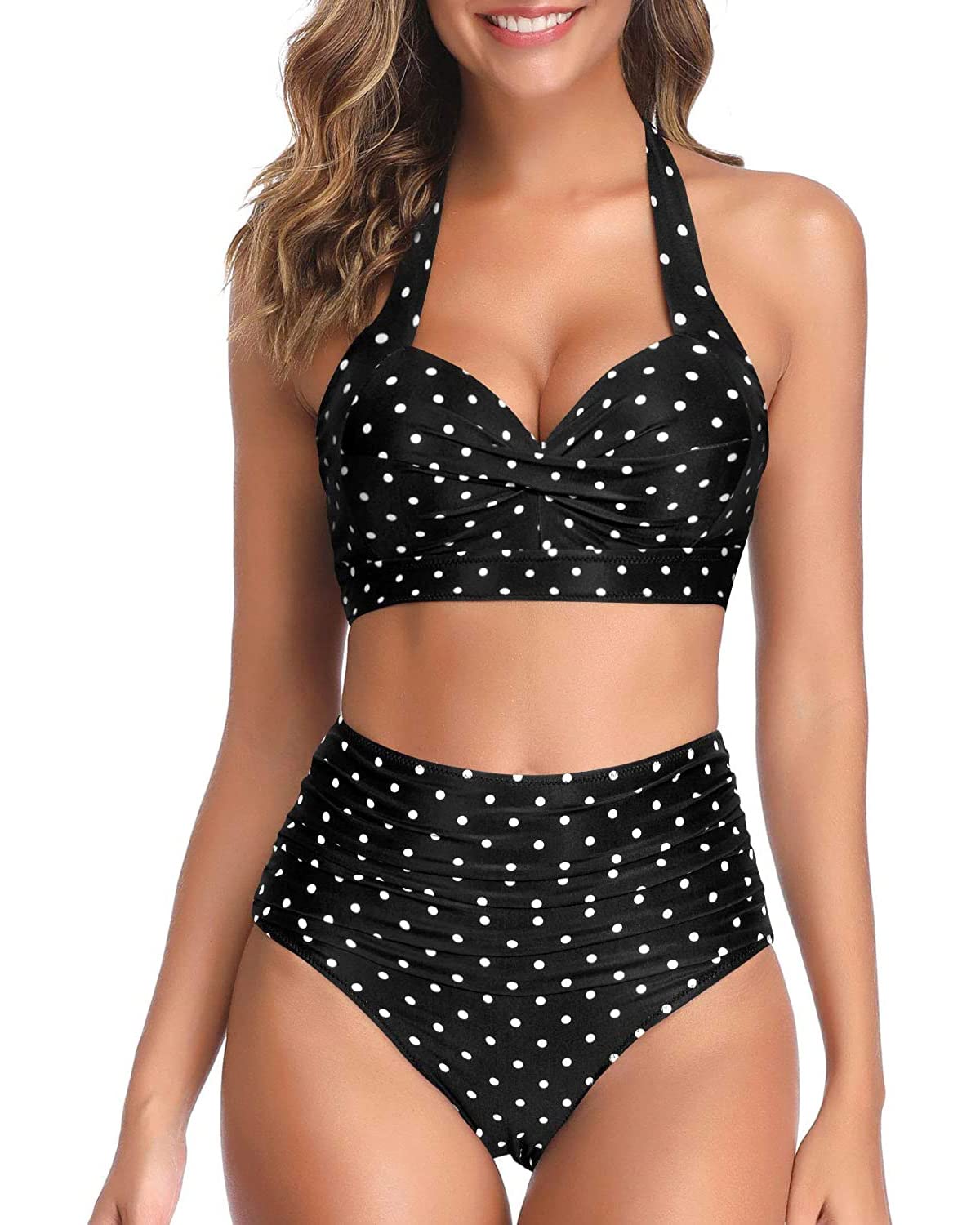 Tempt Me Women's Vintage Swimsuits Black Little Dot Retro Halter Ruched High Waist Bikini with Bottom S