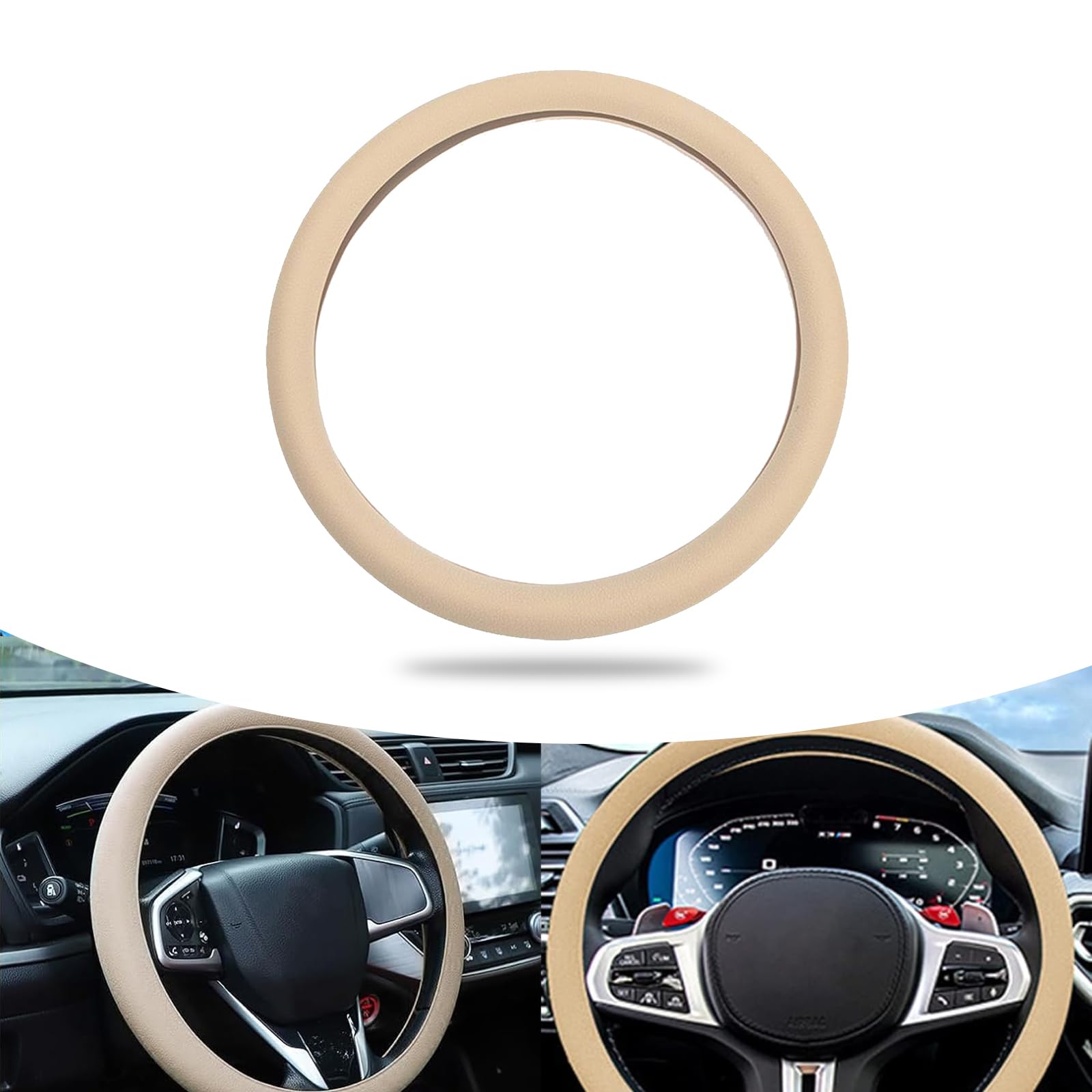 ZBGUN 1 PC Car Steering Wheel Protective Cover, 14.96" All-Season Anti-Slip Silicone Round Steering Wheel Cover, Universal Modified Decorative Accessories, Suitable for Most Car Models (Beige)