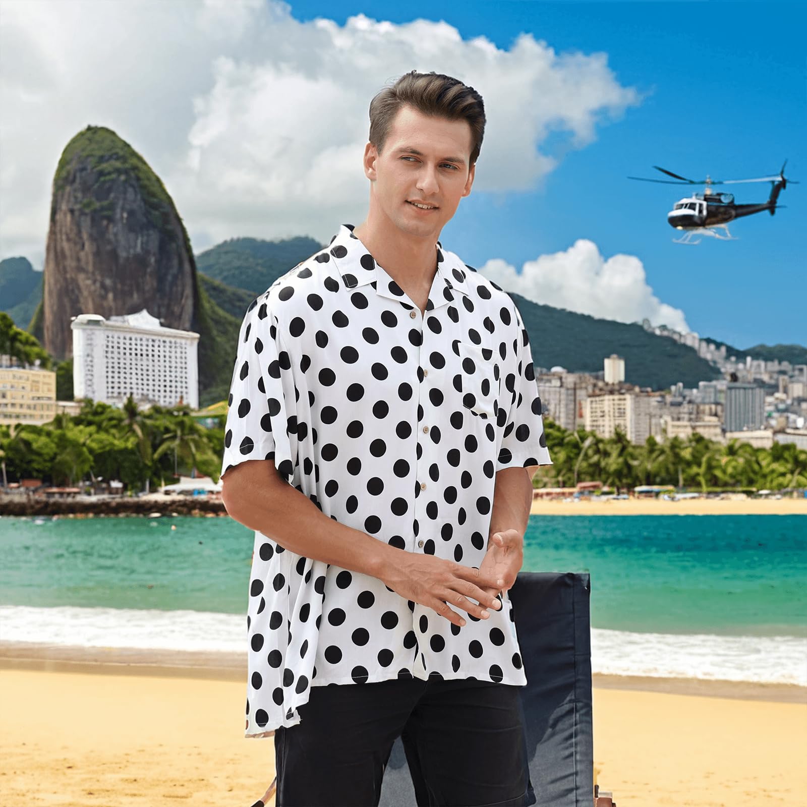DOKKIA Men's Casual Tropical Floral Short Sleeve Luau Beach Aloha Hawaiian Shirt Polka Dot White Black XX-Large