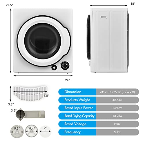 PETSITE Compact Laundry Dryer, Electric Portable Clothes Dryers With Stainless Steel Drum & Exhaust Pipe, 13.2 lbs Capacity, 5 Drying Modes for Apartments, Home, Dorm, 1350W, White