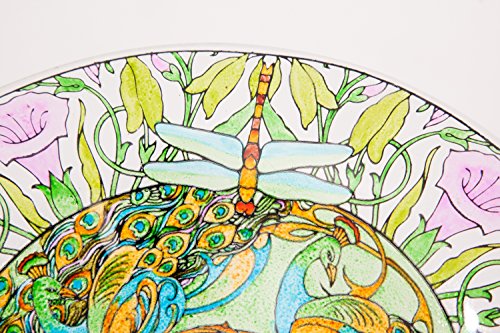 Evergreen Dragonfly Rose and Peacock Glass Bird Bath Bowl with Metal Stake - 10”Length x 10" Wide x 26.75" High