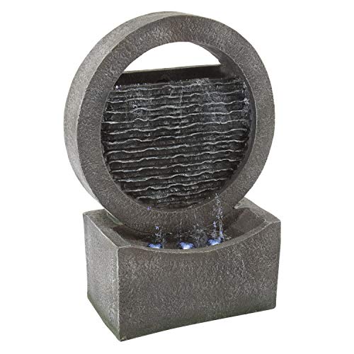 Round Cascade Outdoor Fountain - 18.5-Inch Modern Polyresin Waterfall with Stone Wall Design and LED Lights for Outdoor Decor by Pure Garden (Gray)