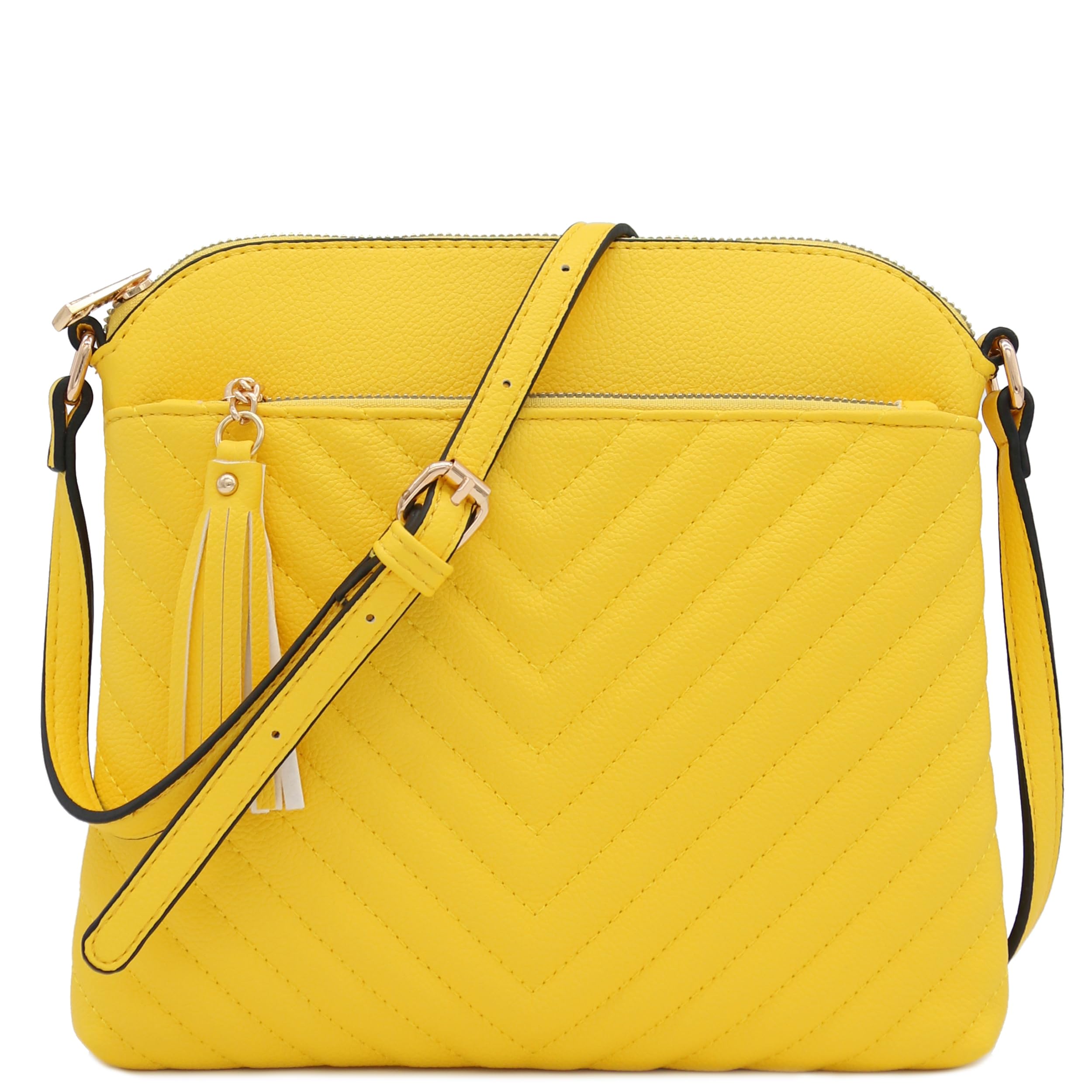 FashionPuzzle Chevron Quilted Medium Crossbody Bag with Tassel Accent (Yellow)