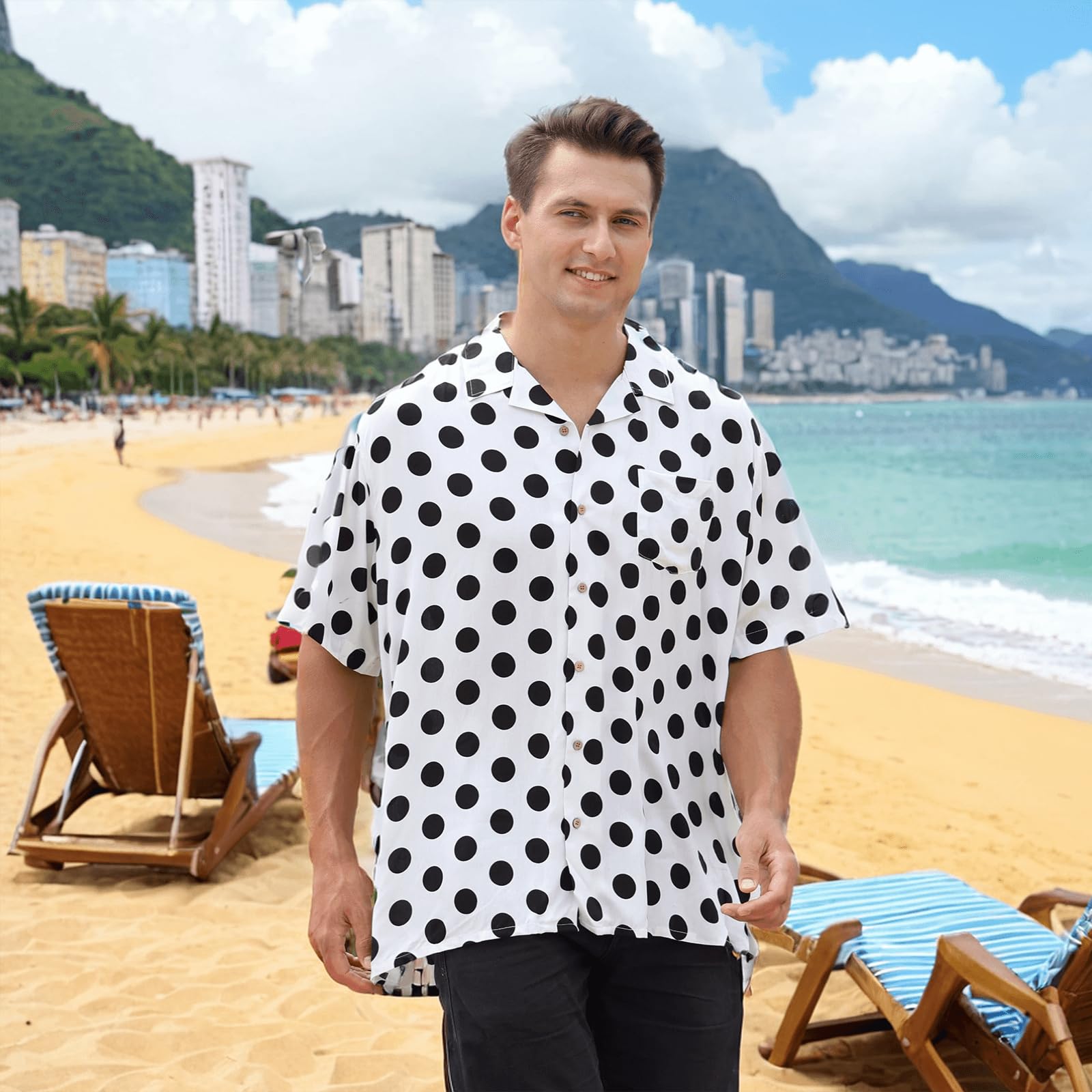 DOKKIA Men's Casual Tropical Floral Short Sleeve Luau Beach Aloha Hawaiian Shirt Polka Dot White Black XX-Large