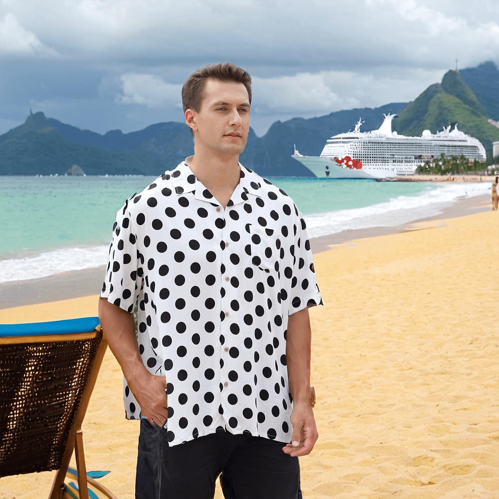 DOKKIA Men's Casual Tropical Floral Short Sleeve Luau Beach Aloha Hawaiian Shirt Polka Dot White Black XX-Large