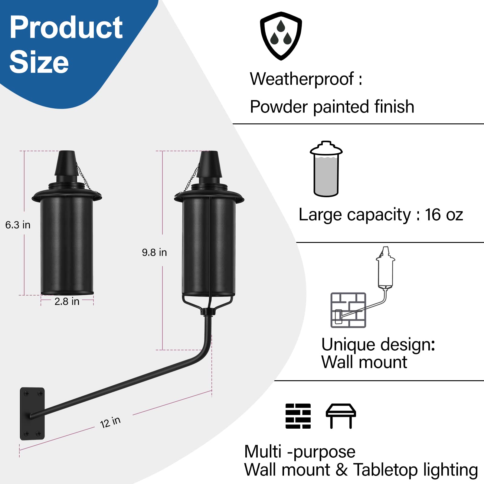 FAN-Torches Wall Mounted Citronella Torches Set of 6, 16 oz Garden Torches for Outside, Refillable Flame Light Torch, Outdoor Metal Torch for Yard, Patio, Deck, Garden, Party, Landscape
