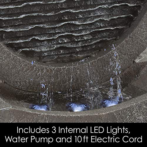 Round Cascade Outdoor Fountain - 18.5-Inch Modern Polyresin Waterfall with Stone Wall Design and LED Lights for Outdoor Decor by Pure Garden (Gray)