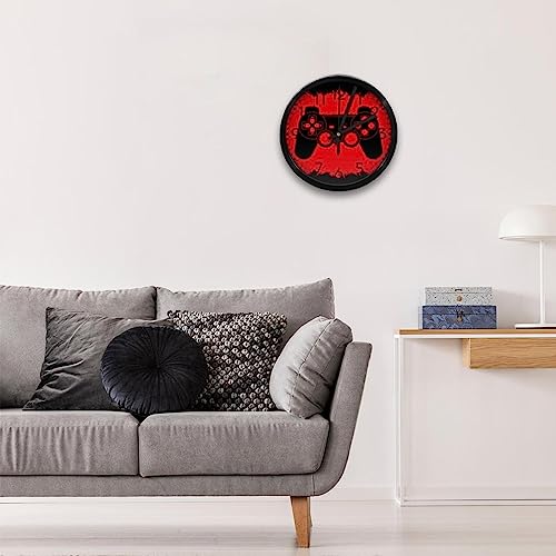 Game Joystick on Red Grunge Background Non-Ticking Wall Clocks, Battery Operated Silent Wall Clock for Bedroom Living Kitchen Office Home Art Decor