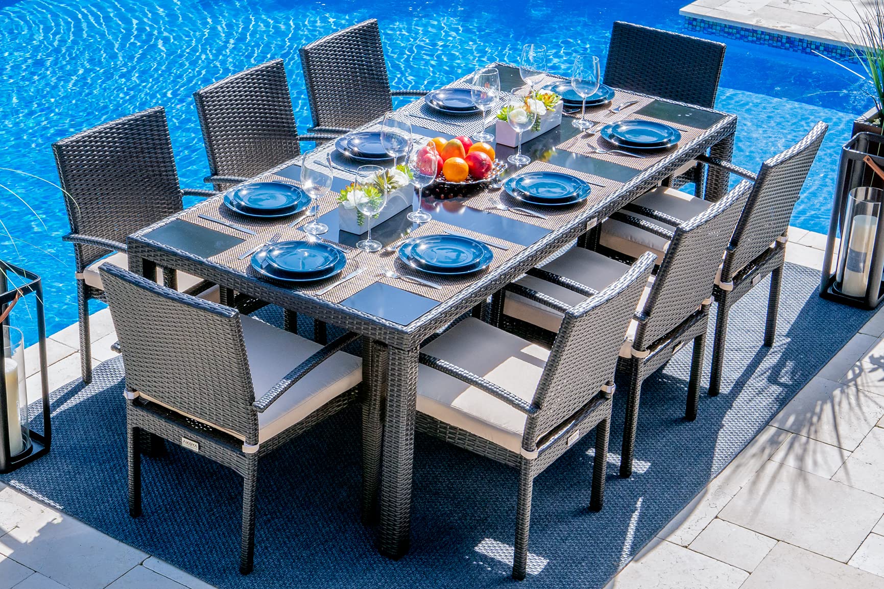 Bari 16-Piece Combination Outdoor Patio Furniture Set (L) in Espresso Brown w/Sofa Set, Eight-seat Dining Set, and Chaise Lounge Set
