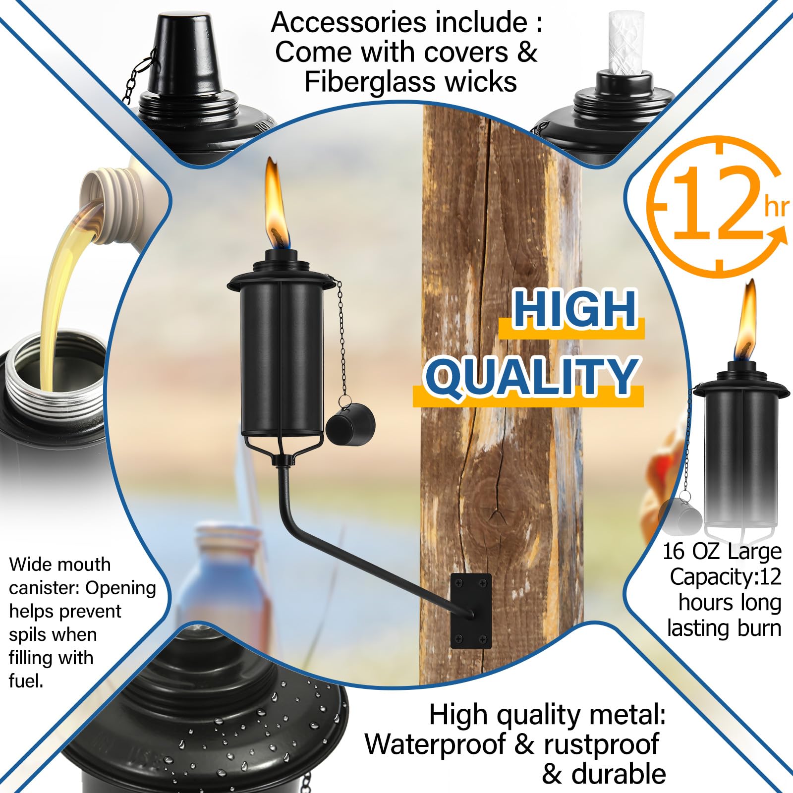 FAN-Torches Wall Mounted Citronella Torches Set of 6, 16 oz Garden Torches for Outside, Refillable Flame Light Torch, Outdoor Metal Torch for Yard, Patio, Deck, Garden, Party, Landscape