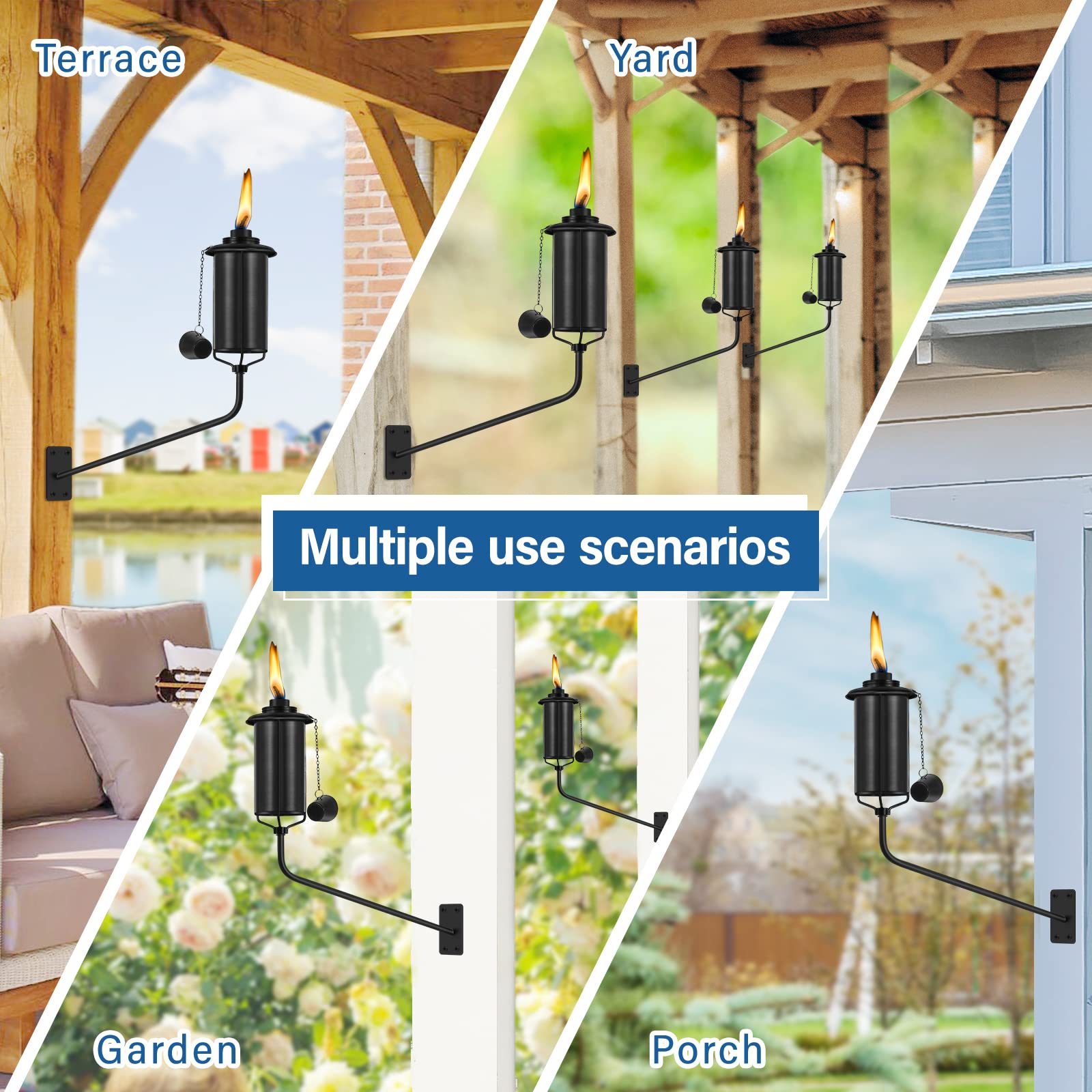 FAN-Torches Wall Mounted Citronella Torches Set of 6, 16 oz Garden Torches for Outside, Refillable Flame Light Torch, Outdoor Metal Torch for Yard, Patio, Deck, Garden, Party, Landscape