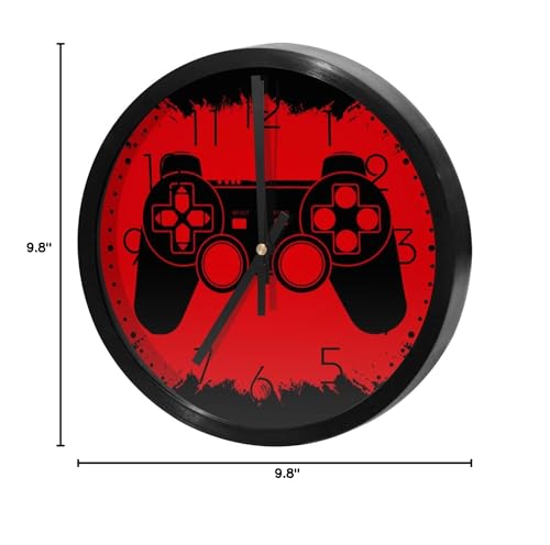 Game Joystick on Red Grunge Background Non-Ticking Wall Clocks, Battery Operated Silent Wall Clock for Bedroom Living Kitchen Office Home Art Decor