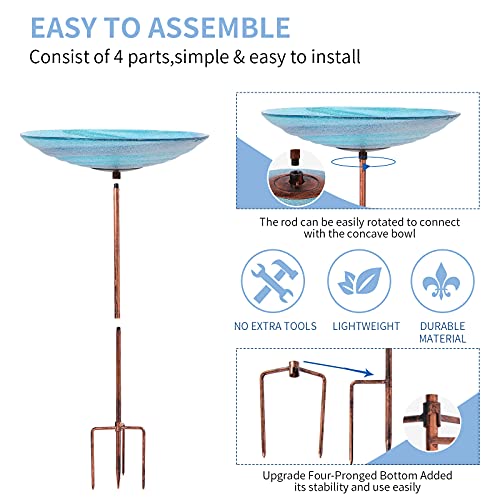 VCUTEKA Outdoor BirdBath Glass Bird Bath Garden Bird Feeder with Metal Stake