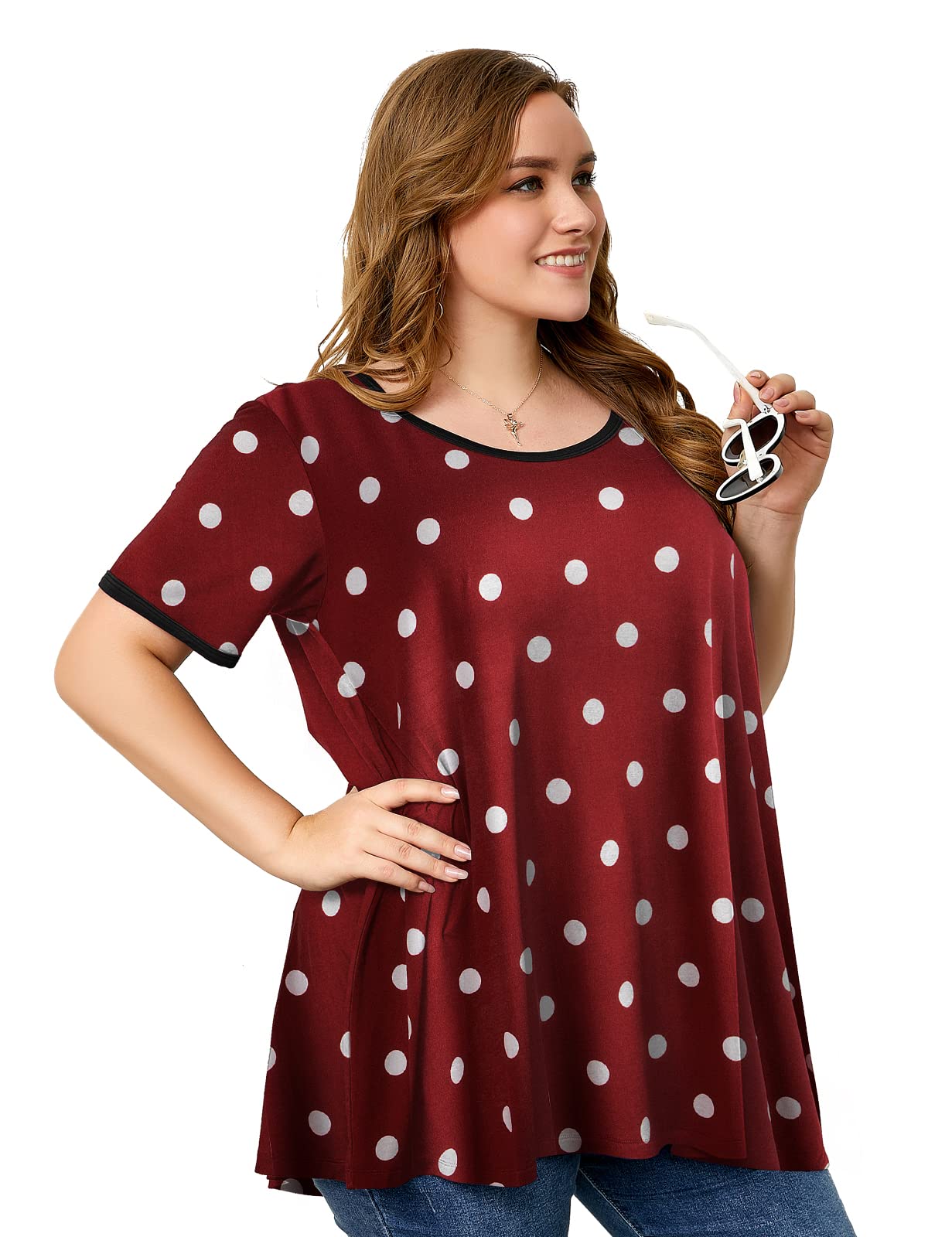 OVERWORETY Womens Short Sleeve Plus Size Tunics Loose Casual Swing Tops Summer Flowy T-Shirts(Red Polka Dots,3X)