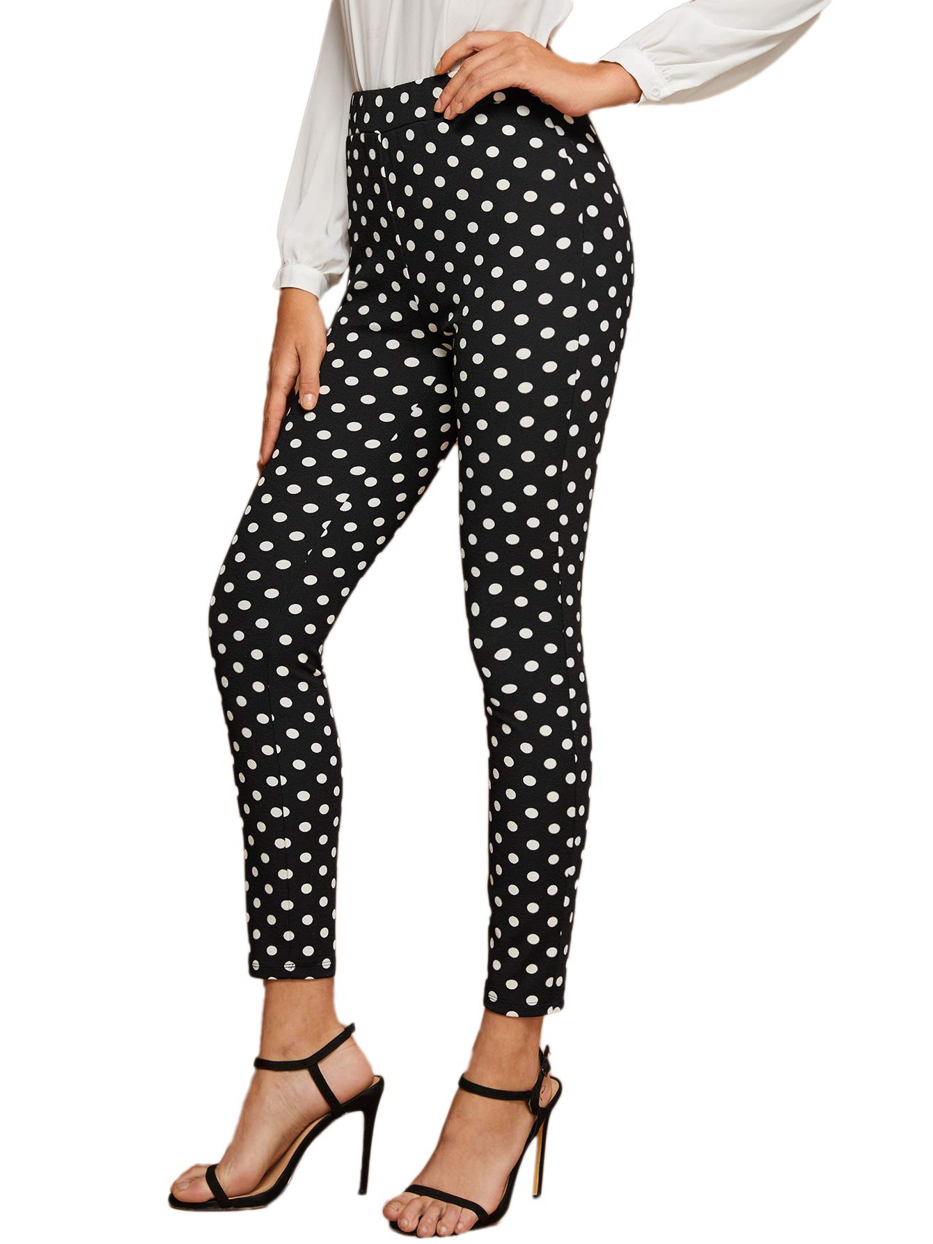 SweatyRocks Women's Casual Skinny Leggings Stretchy High Waisted Work Pants Black White Polka Dot Small