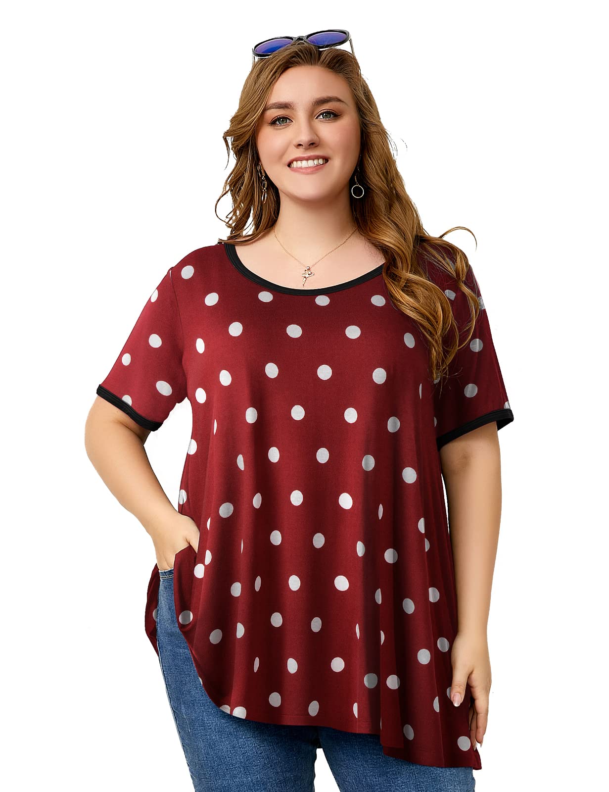 OVERWORETY Womens Short Sleeve Plus Size Tunics Loose Casual Swing Tops Summer Flowy T-Shirts(Red Polka Dots,3X)