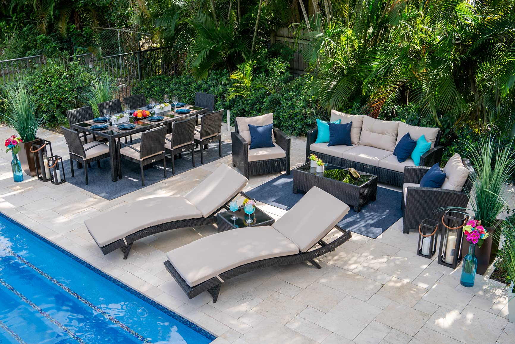 Bari 16-Piece Combination Outdoor Patio Furniture Set (L) in Espresso Brown w/Sofa Set, Eight-seat Dining Set, and Chaise Lounge Set