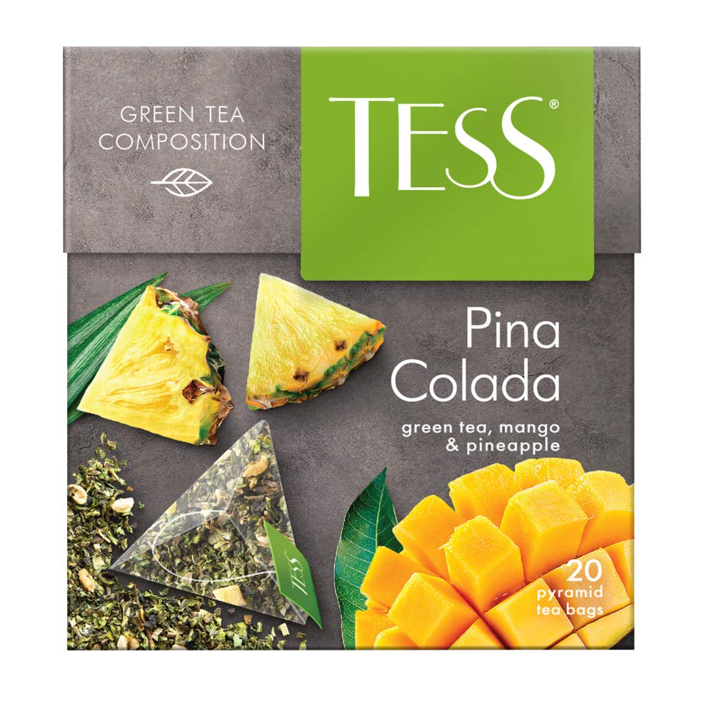 Tess Pina Colada Green Tea Composition Mango and Pineapple Leaf Tea in 20 Pyramid Sachets