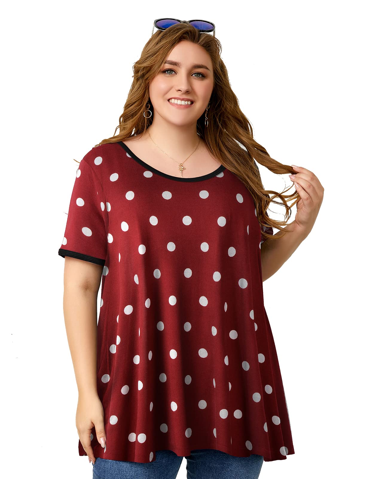 OVERWORETY Womens Short Sleeve Plus Size Tunics Loose Casual Swing Tops Summer Flowy T-Shirts(Red Polka Dots,3X)