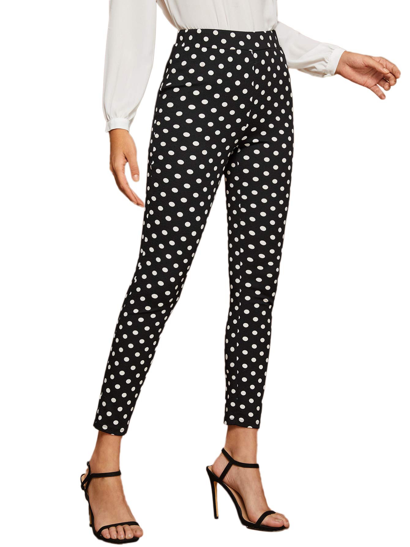 SweatyRocks Women's Casual Skinny Leggings Stretchy High Waisted Work Pants Black White Polka Dot Small