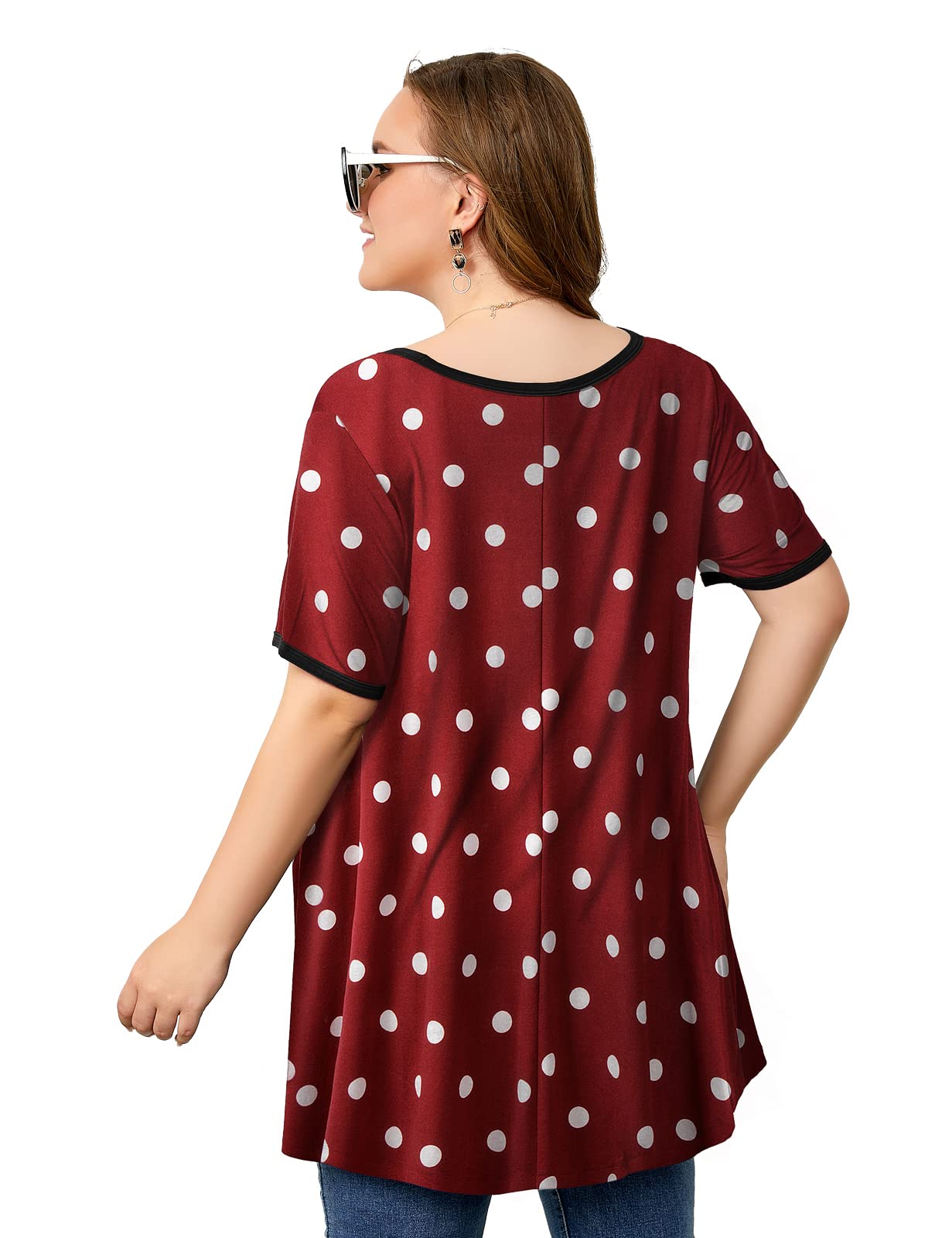 OVERWORETY Womens Short Sleeve Plus Size Tunics Loose Casual Swing Tops Summer Flowy T-Shirts(Red Polka Dots,3X)