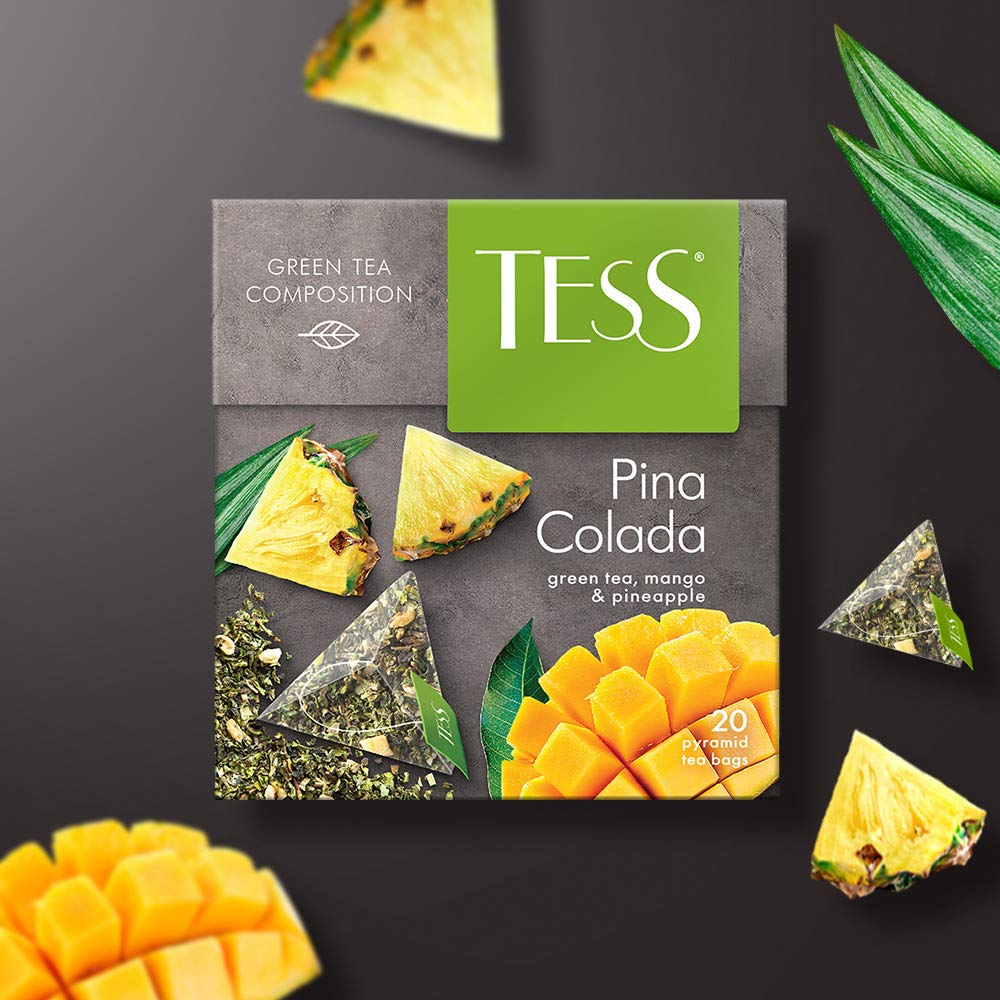 Tess Pina Colada Green Tea Composition Mango and Pineapple Leaf Tea in 20 Pyramid Sachets