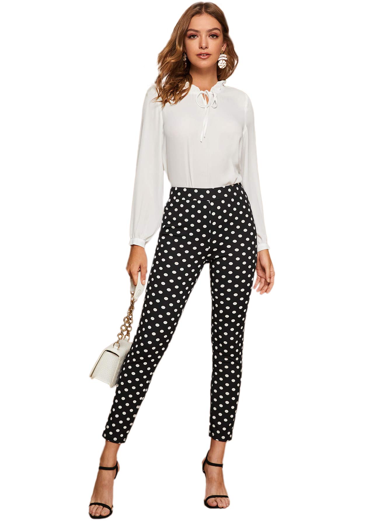 SweatyRocks Women's Casual Skinny Leggings Stretchy High Waisted Work Pants Black White Polka Dot Small