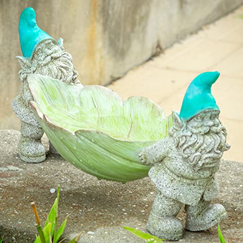 MUMTOP Antique Outdoor Garden Bird Bath with Funny Garden Gnome Decor, Resin Leaf Bird Bath Bird Feeder with Vintage Gnome Statue for Outdoor Garden Yard