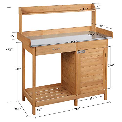 Topeakmart Outdoor Potting Bench Table Work Station Garden Planting with Cabinet & Drawer & Top Shelf & Lower Shelf Natural Wood