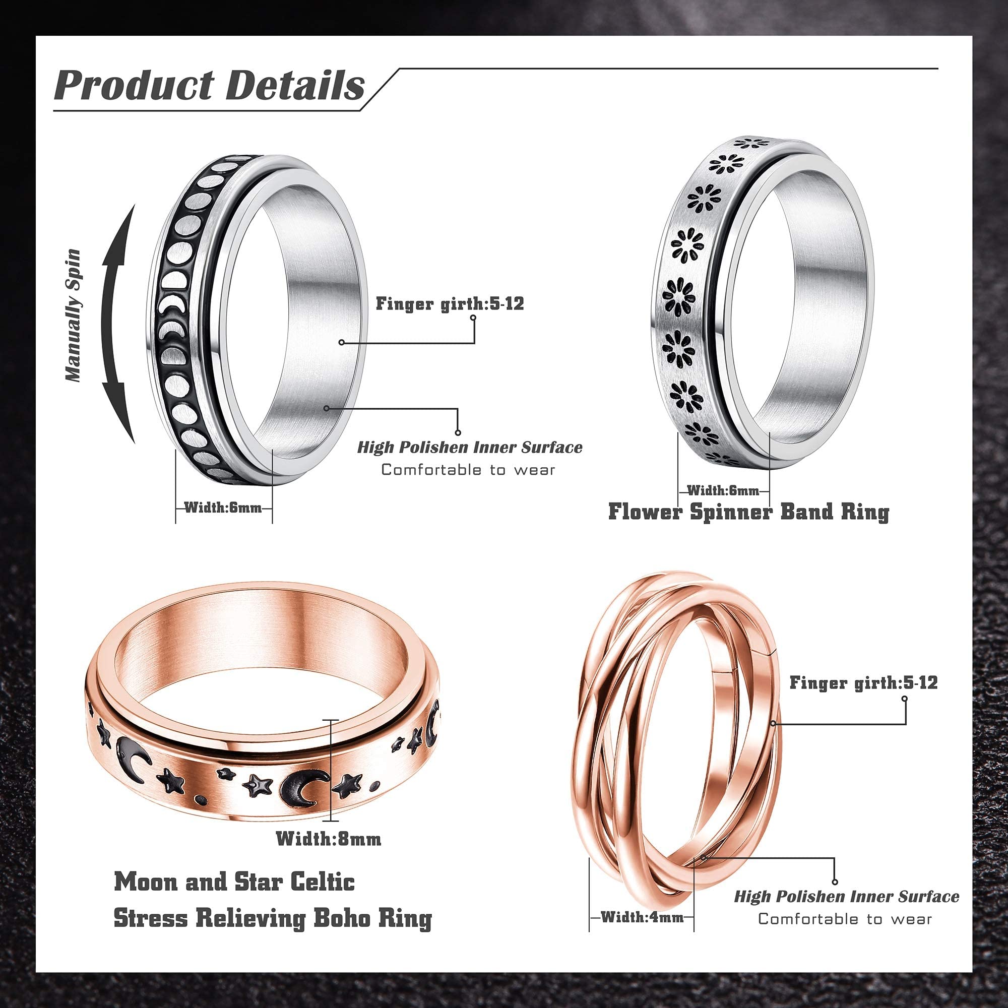FUNRUN JEWELRY 4Pcs Stainless Steel Fidget Anxiety Ring for Women Men Fidget Spinner Rings Moon Star Celtic Stress Relieving Spinning Ring Wedding Band Rings Set Size 9(RG)