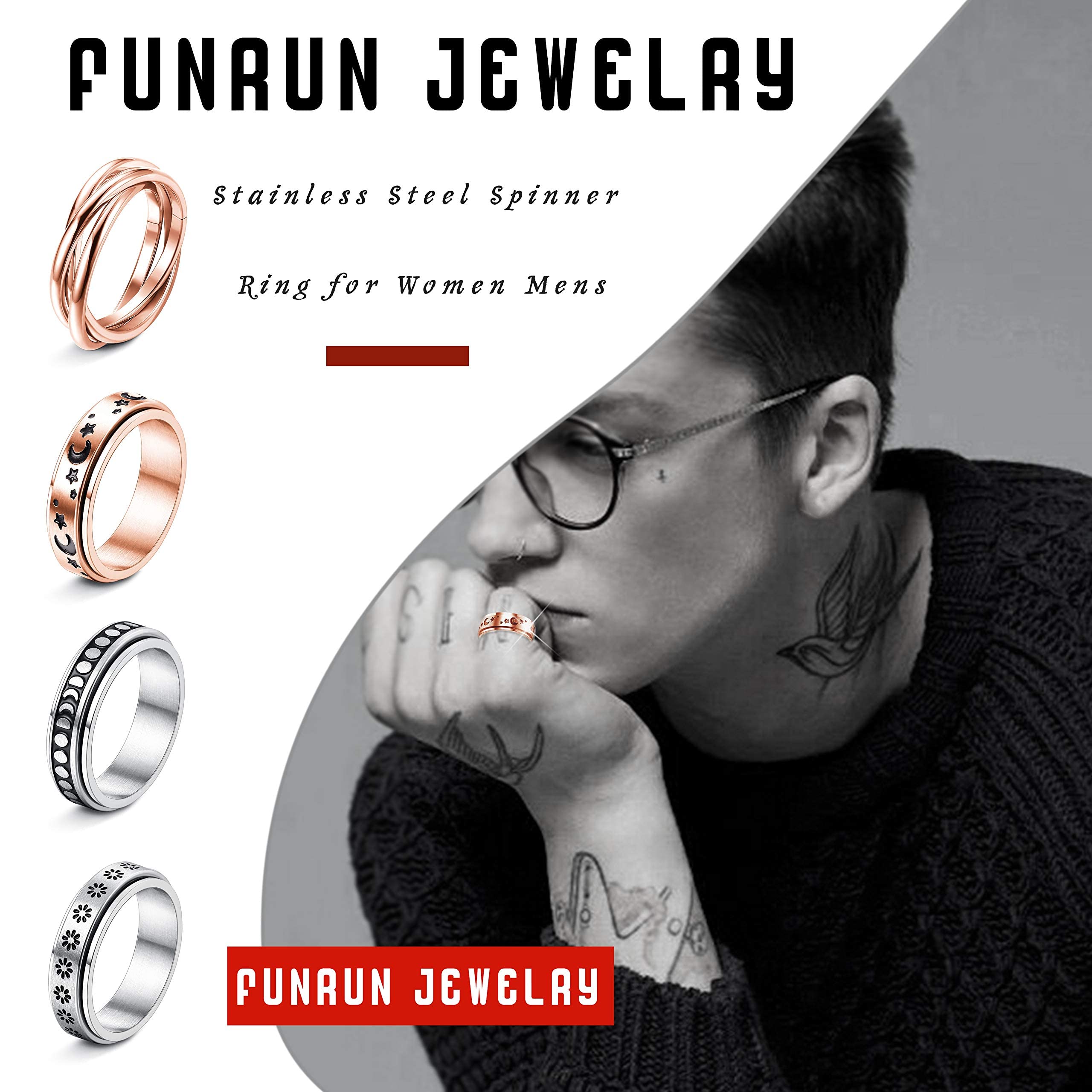 FUNRUN JEWELRY 4Pcs Stainless Steel Fidget Anxiety Ring for Women Men Fidget Spinner Rings Moon Star Celtic Stress Relieving Spinning Ring Wedding Band Rings Set Size 9(RG)