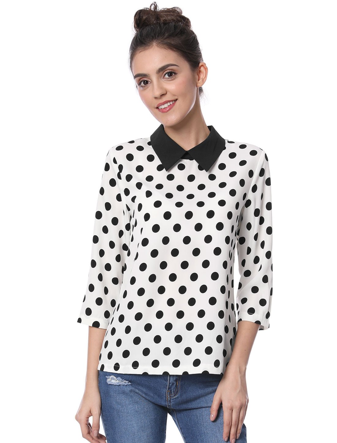 Allegra K Women's Polka Dots Contrast Peter Pan Collar Top 3/4 Sleeves Blouse Shirt X-Large White
