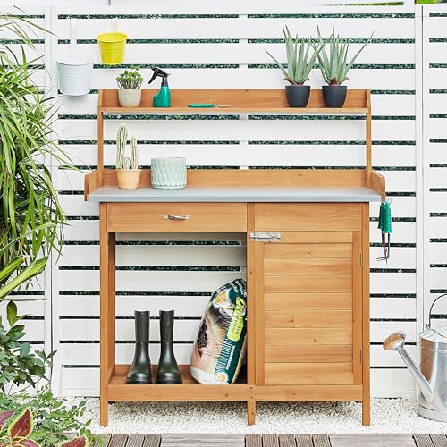 Topeakmart Outdoor Potting Bench Table Work Station Garden Planting with Cabinet & Drawer & Top Shelf & Lower Shelf Natural Wood
