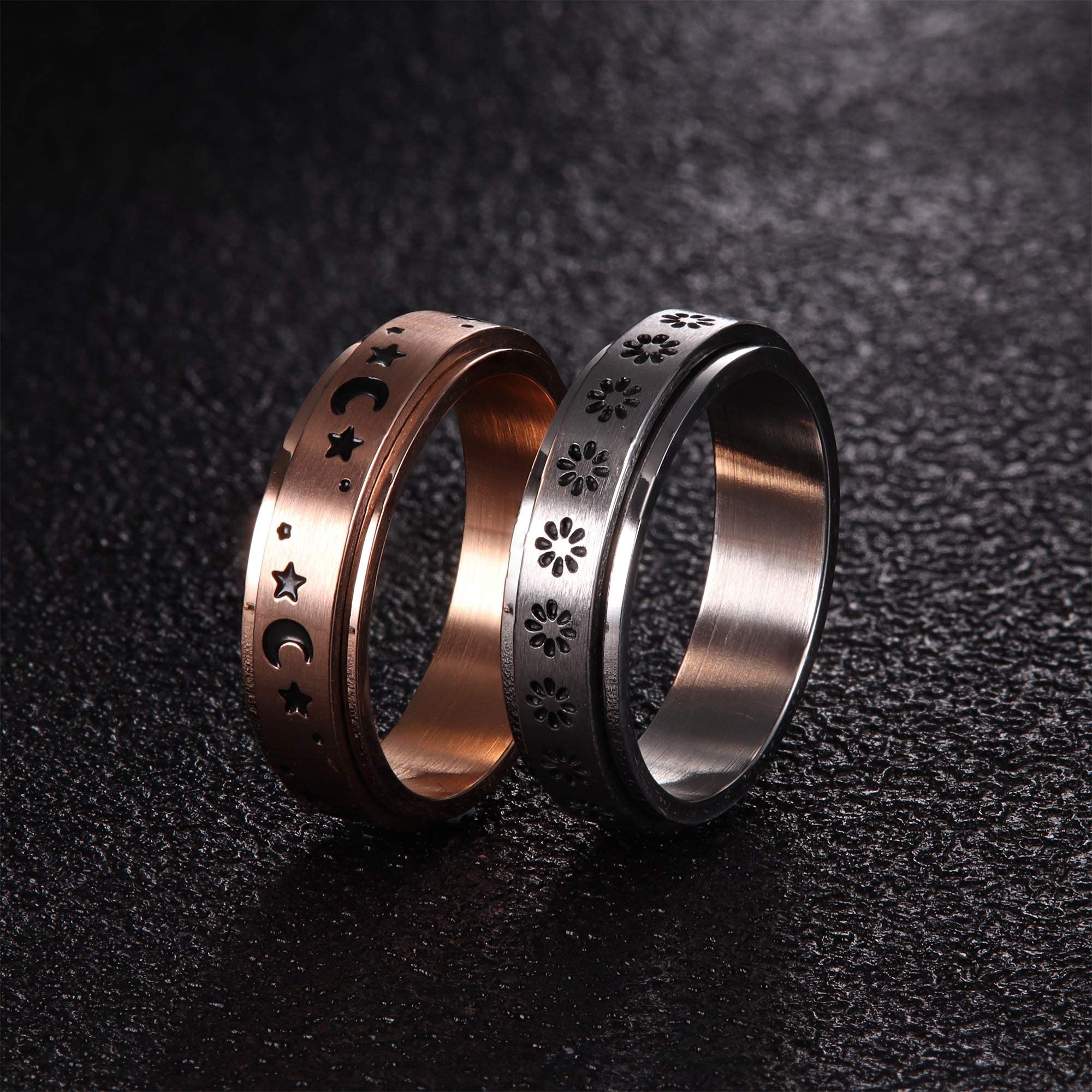 FUNRUN JEWELRY 4Pcs Stainless Steel Fidget Anxiety Ring for Women Men Fidget Spinner Rings Moon Star Celtic Stress Relieving Spinning Ring Wedding Band Rings Set Size 9(RG)