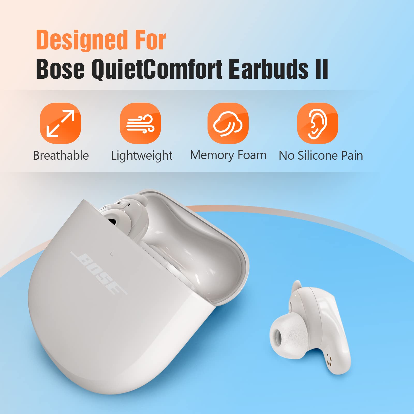 Tang Town Memory Foam Tips for Bose QuietComfort Earbuds II, No Silicone Eartips Pain, Anti-Slip Replacement Ear Tips, Fit in The Charging Case, Reducing Noise Tips, 3 Pairs (Mixed Sizes S/M/L, Gray)