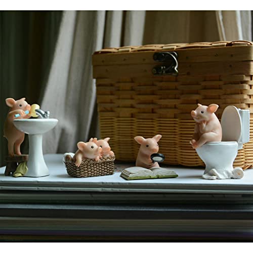 Aclema Pig Decor Figurines Miniature Fairy Garden Kitchen Resin Collections for Terrarium Micro Landscape Pig Sit on Toilet