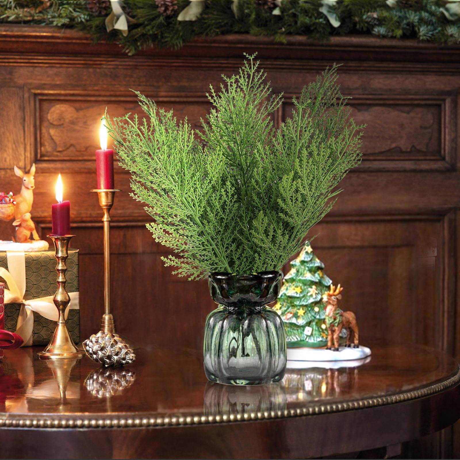 Hananona 40 Pcs Artificial Pine Sprigs Faux Greenery Stems Pine Picks Plastic Christmas Decor - DIY Holiday Accessories (40, Green)
