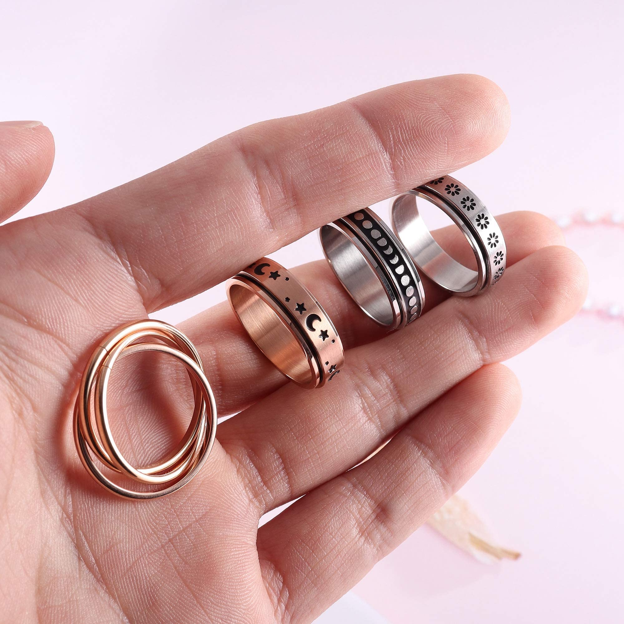 FUNRUN JEWELRY 4Pcs Stainless Steel Fidget Anxiety Ring for Women Men Fidget Spinner Rings Moon Star Celtic Stress Relieving Spinning Ring Wedding Band Rings Set Size 9(RG)