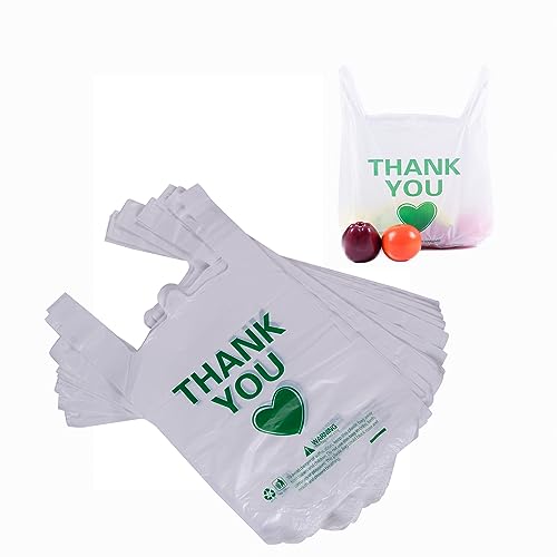 ysmile Plastic Grocery Bag Thank You Reusable T Shirt Plastic Merchandise Bag for Small Business Food To Go Bag with Handle 12x19 Inch 50 pcs Carry Out