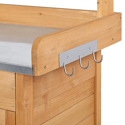 Topeakmart Outdoor Potting Bench Table Work Station Garden Planting with Cabinet & Drawer & Top Shelf & Lower Shelf Natural Wood