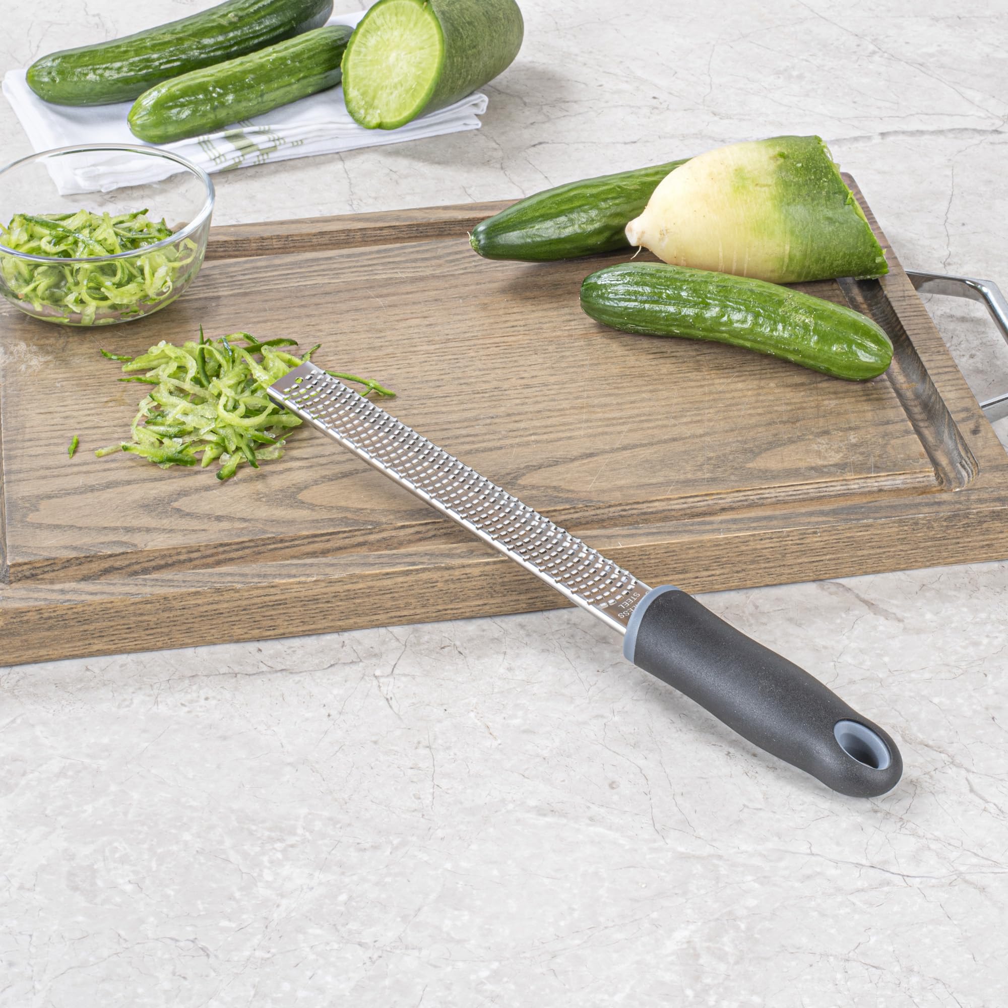 Restaurantware Met Lux 13 Inch Hand Grater 1 Zester Cheese Grater - With Handle For Zesting Lemons And Grating Cheese Stainless Steel And Plastic Rasp Grater