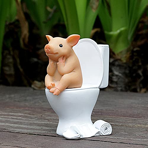 Aclema Pig Decor Figurines Miniature Fairy Garden Kitchen Resin Collections for Terrarium Micro Landscape Pig Sit on Toilet